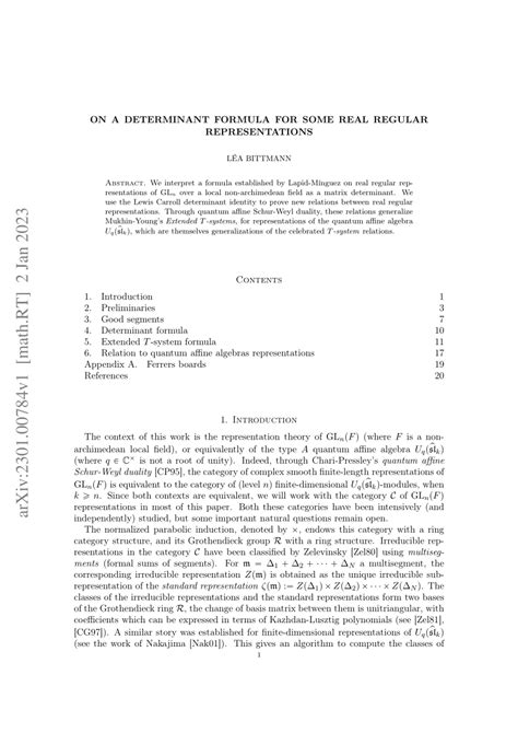 Pdf On A Determinant Formula For Some Real Regular Representations