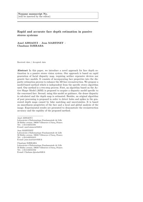 Pdf Rapid And Accurate Face Depth Estimation In Passive Stereo Systems