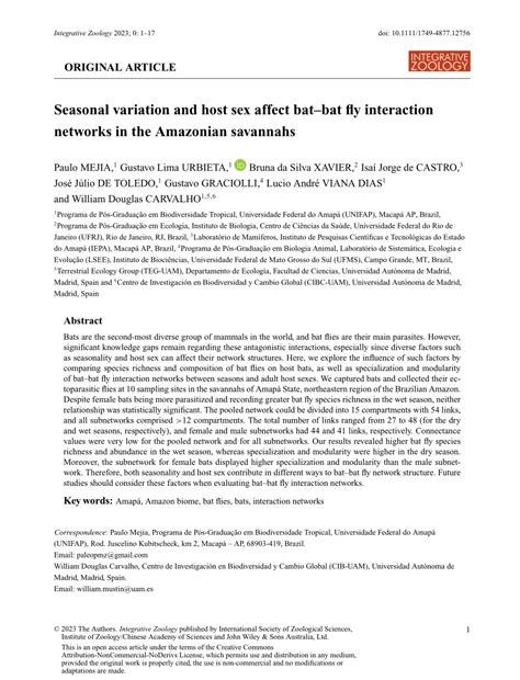 Pdf Seasonal Variation And Host Sex Affect Bat Bat Fly Interaction Networks In The Amazonian
