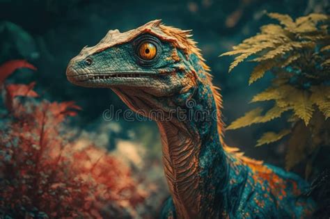 Compsognathus Colorful Dangerous Dinosaur In Lush Prehistoric Nature By Generative Ai Stock