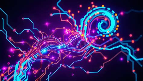 Abstract Futuristic Circuit Board With Neon Lights And Glowing Connections Stock Illustration