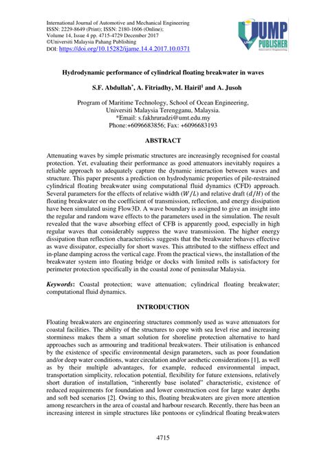 Pdf Hydrodynamic Performance Of Cylindrical Floating Breakwater In Waves