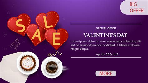 배너 판매 스페셜 제공 최대 50 해피 발렌타인 데이 텍스트 컵 케이크와 커피 컵 에 대 한 공간 우편 봉투 하트 상단 보기 핑크 배경에 스탠드 0명에 대한 스톡 벡터 아트