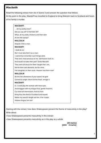 Gcse Aqa Literature Paper 1 Macbeth Masculinity And Gender Teaching Resources
