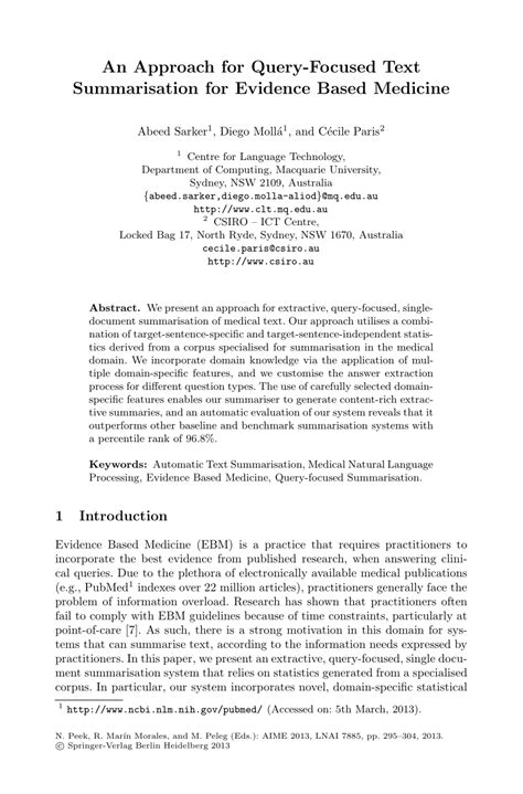 Pdf An Approach For Query Focused Text Summarisation For Evidence Based Medicine