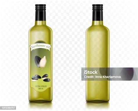 해바라기 기름 유리 병 모형 엑스트라 버진 오일 항아리 식품 요리 제품 유기농 채식 식단 검은 코르크가있는 식물성 기름 브랜드