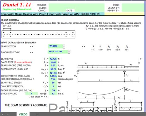 Composite Beam Design With Verco Floor Deck Based On Aisc 360 05 Ibc 09 Civil Mdc