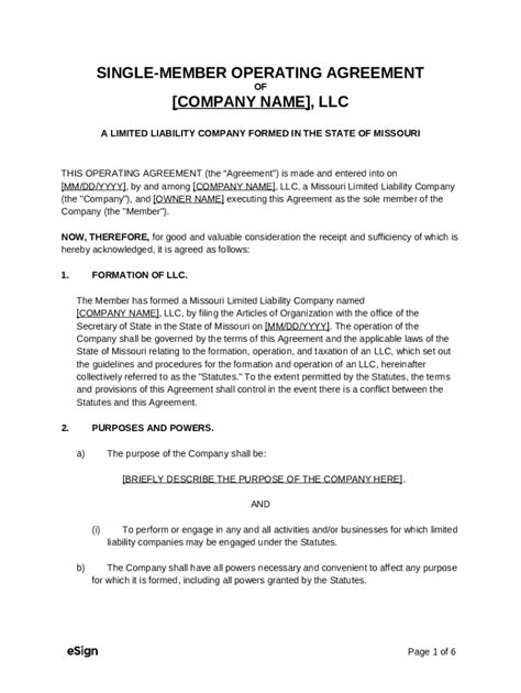 Missouri Multi Member Llc Operating Agreement Doc Template Pdffiller