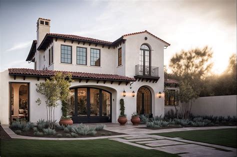 A Large White House With Lots Of Windows And Plants In The Front Lawn Area