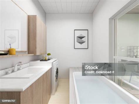 3d 렌더링 세면대 거울 세탁기 욕조 녹색 식물 등이있는 현대적인 집의 깨끗한 욕실 디자인 0명에 대한 스톡 사진 및 기타 이미지 Istock
