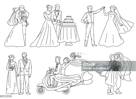 결혼식 날에 신부와 신랑 색칠 공부를위한 윤곽 그리기 세트 웨딩 케이크에 대한 스톡 벡터 아트 및 기타 이미지 웨딩 케이크 신부 결혼식 Istock