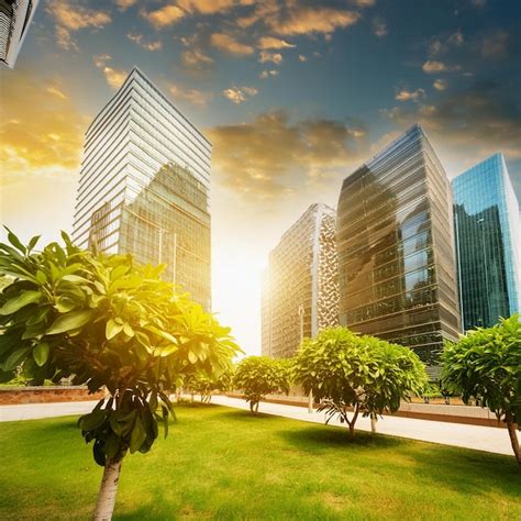 A City With A Tree And A Building In The Background Premium Ai Generated Image