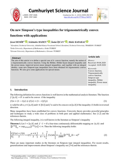 Pdf On New Simpsons Type ınequalities For Trigonometrically Convex Functions With Applications