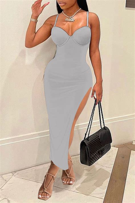 Wholesale Black Sexy Solid Patchwork Slit Spaghetti Strap Sling Dress
