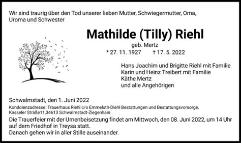 Traueranzeigen Von Mathilde Riehl Trauerhnade