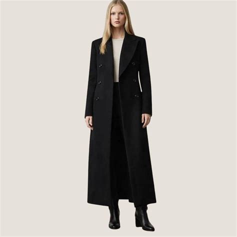 Women Black Wool Long Trench Coat Minimal Double Breasted Winter