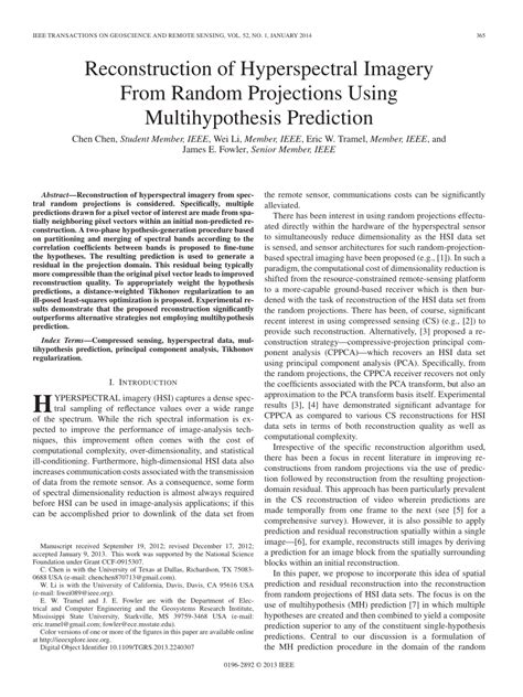 Pdf Reconstruction Of Hyperspectral Imagery From Random Projections Using Multihypothesis