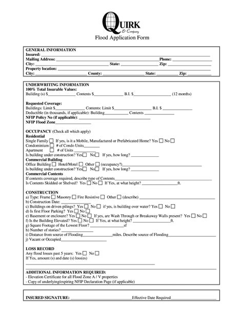 Fillable Online Flood Application Form Quirk Co Fax Email Print Pdffiller