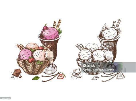 와플 바구니에 담긴 아이스크림 볼과 컵에 담긴 아이스크림을 손으로 그린 컬러 흑백 스케치 빈티지 일러스트입니다 라벨 포장 및 엽서 디자인을 위한 요소 고풍스런에 대한 스톡