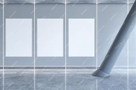 기울어진 기둥과 광택 있는 바닥 3d 렌더링이 조롱된 빈 햇볕이 잘 드는 무역 센터 홀에서 회색 벽에 로고 또는 텍스트를 넣을 수 있는 빈 흰색 포스터 3개의 전면 보기