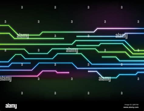 Glowing Neon Circuit Board Lines On Black Background Vector Technology