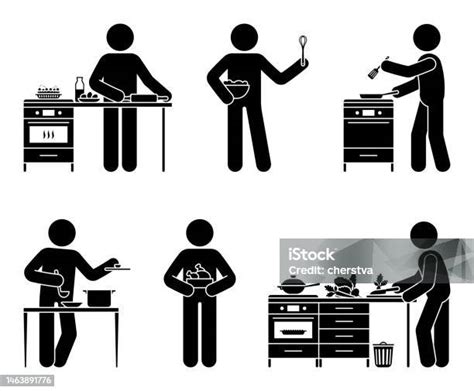스틱 그림 집에서 요리하는 사람 주방 벡터 세트 스틱맨 베이킹 파이 튀김 수프 붓기 칼로 자르기 아이콘 픽토그램 믹싱 오븐에 굽기에 대한 스톡 벡터 아트 및 기타 이미지