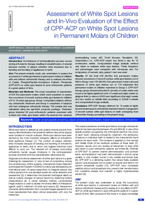 Pdf Assessment Of White Spot Lesions And In Vivo Evaluation Of The Effect Of Cpp Acp On White