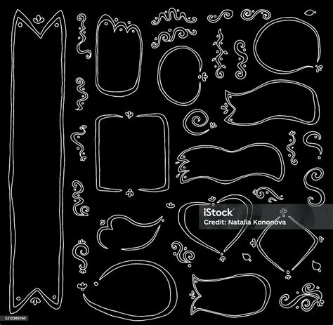 검은 배경에 흰색 곡선과 식물 요소가있는 귀여운 손으로 그린 라벨 프레임 세트 긴 리본 물결 모양의 리본 심장 둥근 모양 마름모꼴 0명에 대한 스톡 벡터 아트 및 기타