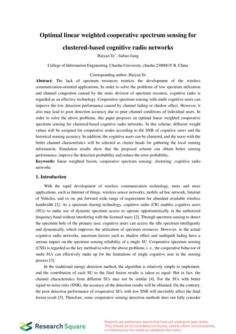 Pdf Optimal Linear Weighted Cooperative Spectrum Sensing For Clustered Based Cognitive Radio