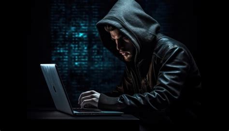 Premium Ai Image Side View Of Male Hacker With Gloves And Laptop Black Backround Premium Ai Image Side View Of Male Hacker With Gloves And Laptop Black Backround