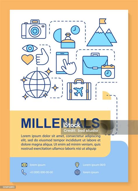 밀레니엄 세대 포스터 템플릿 레이아웃입니다 연령대 에코 붐 세대 핵심 가치 배너 소책자 전단지 인쇄 디자인 선형 아이콘 잡지 광고 전단지에 대한 벡터 브로셔 페이지 레이아웃