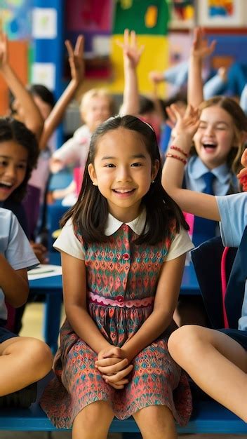 Girl Sitting With Classmates Premium Ai Generated Image