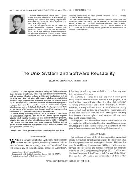 The Unix System And Software Reusability Brian W Kernighan 1984