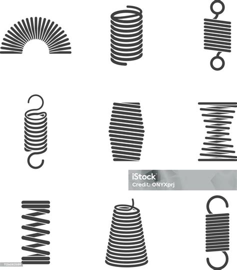 금속 유연 용수철 형입니다 서 스 펜 션 스틸 와이어 코일 벡터 아이콘 모음 가냘픈에 대한 스톡 벡터 아트 및 기타 이미지