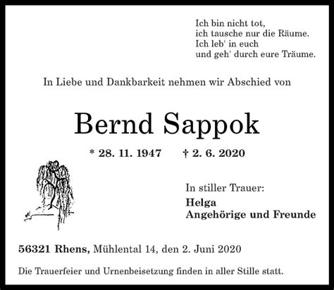 Traueranzeigen Von Bernd Sappok Rz Trauerde