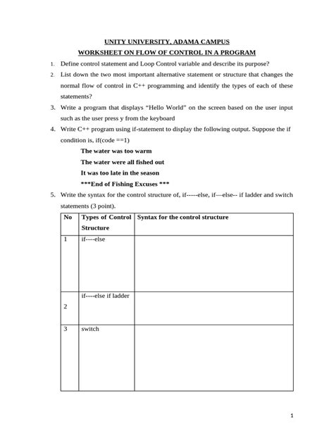 worksheet on flow of program pdf control flow c