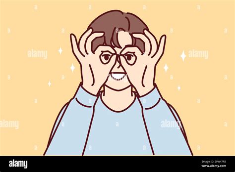 Woman Puts Hands To Face Imitating Invisible Binoculars To Look At Object In Distance Vector