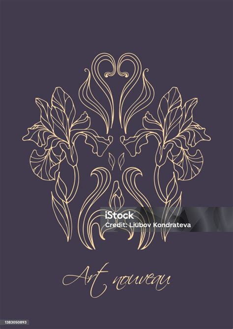 아르 누보 스타일의 골드 붓꽃의 빈티지 고딕 양식의 일러스트 스티커 포스터 엽서 디자인 요소 로고에 대한 식물 학적 그림 꽃 식물에 대한 스톡 벡터 아트 및 기타 이미지