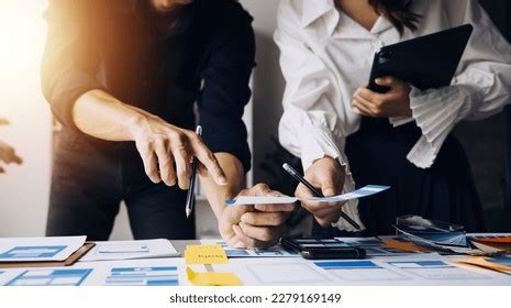 Close Up Ux Developer And Ui Designer Use Augmented Reality Brainstorming Images Stock