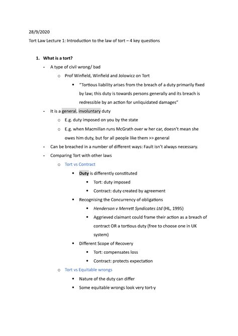 Tort Lecture 1 Introduction To Tort 289 Tort Law Lecture 1