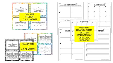 evaluating numerical expressions task cards to the square inch
