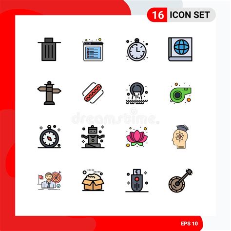 Modern Set Of 16 Flat Color Filled Lines And Symbols Such As America Sign Web Navigation Map