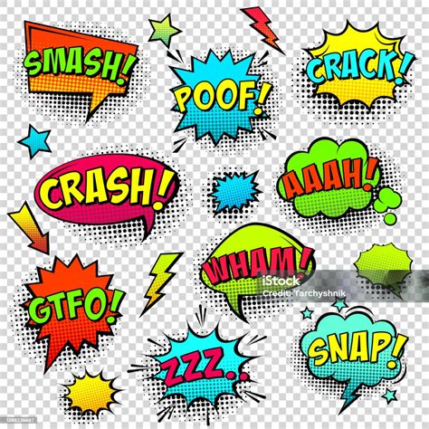 하프톤 그림자와 텍스트 문구만화 컬러 의 연설 거품 감정의 소리 표현 손으로 그린 복고풍 만화 스티커 팝 아트 스타일 벡터 일러스트레이션 개체 그룹에 대한 스톡 벡터 아트