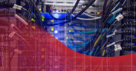 Data Processing Over Close Up View Of Computer Server Against Red