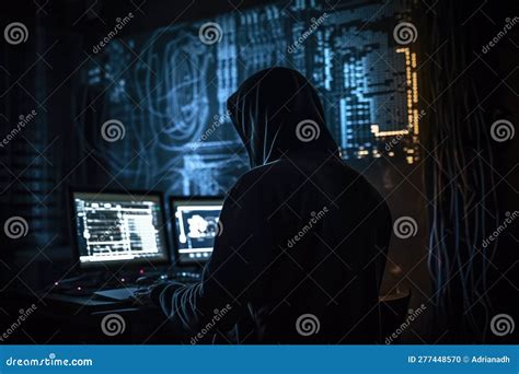 hacker in front of sophisticated computer equipment stock illustration