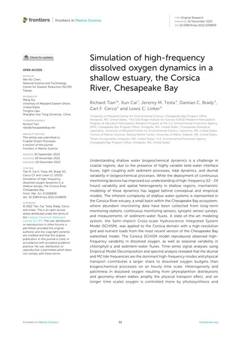 Simulation Of High Frequency Dissolved Oxygen Dynamics In A Shallow Estuary The Corsica River