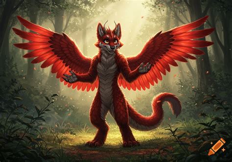 A Red Furry Dutch Angel Dragon With Large Red Wings Stands In An