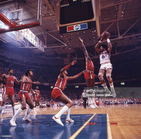 Philadelphia 76ers Julius Erving In Action Shoots Vs Portland Trail