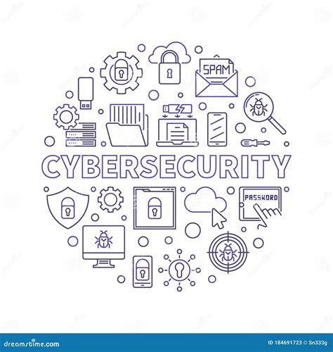 Cybersecurity Vector Circular Concept Outline Illustration Stock Vector