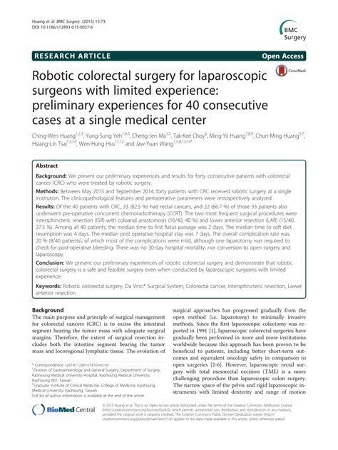 Pdf Robotic Colorectal Surgery For Laparoscopic Surgeons With Limited Experience Preliminary